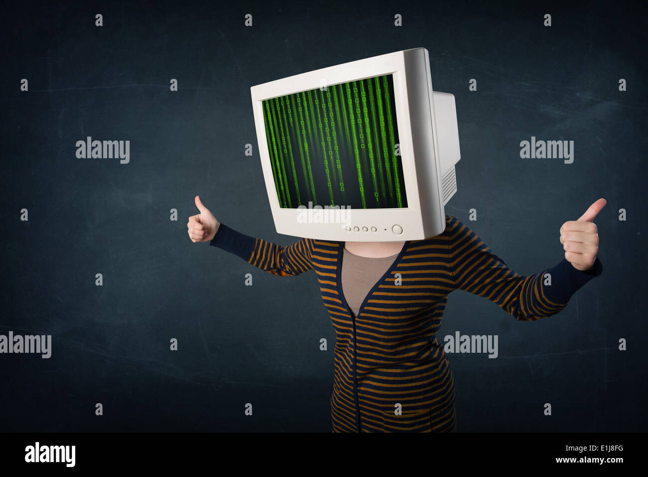 Cyber human with a monitor screen and computer code on the display ...
