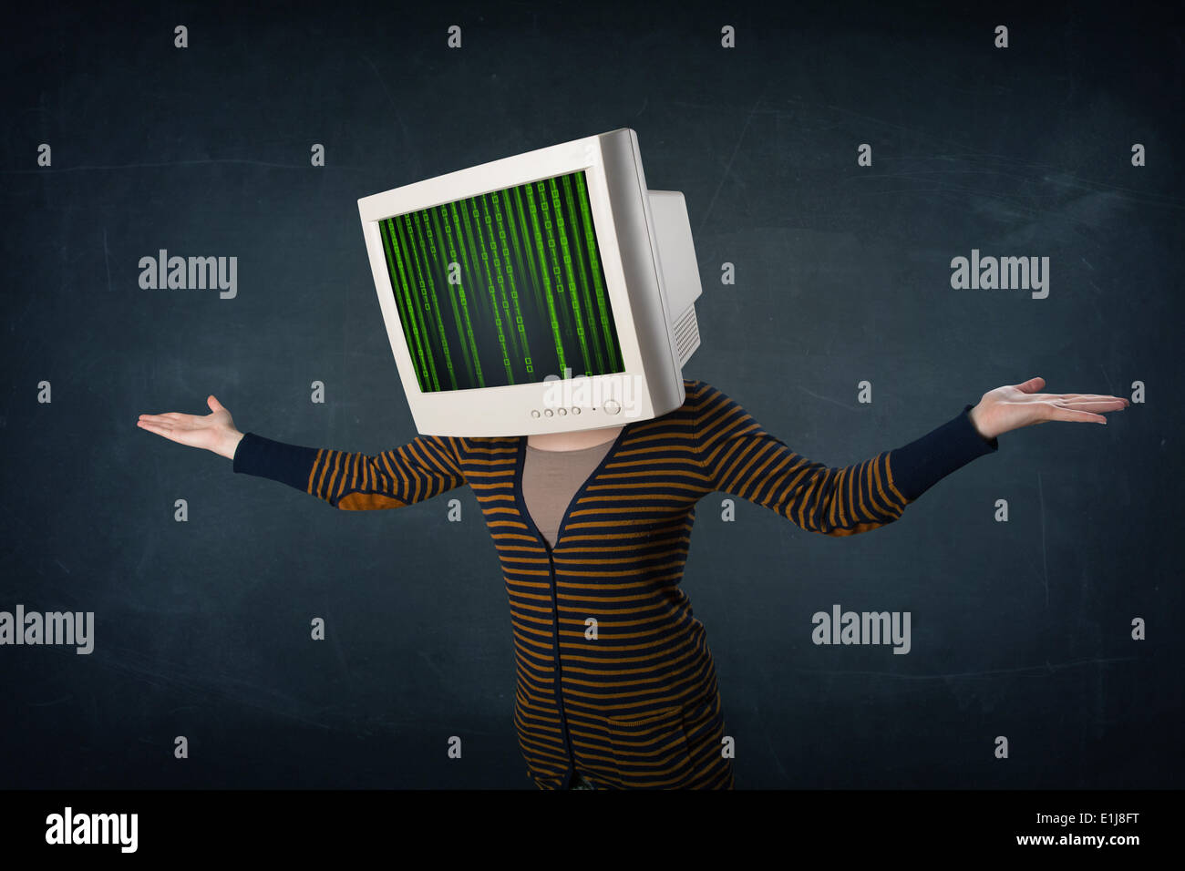 Cyber human with a monitor screen and computer code on the display ...