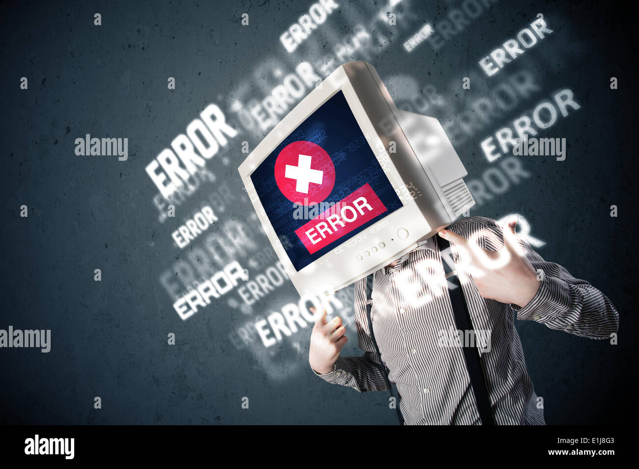 Business man with pc monitor on his head and error messages on the ...