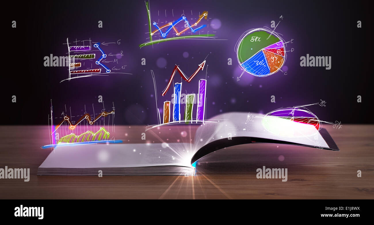 Book on wooden deck with glowing graph illustrations Stock Photo - Alamy
