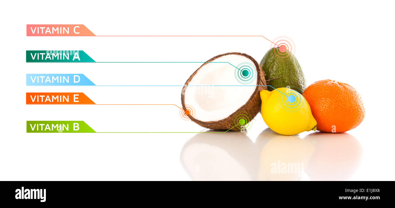 Healthy fruits with colorful vitamin symbols and icons Stock Photo - Alamy