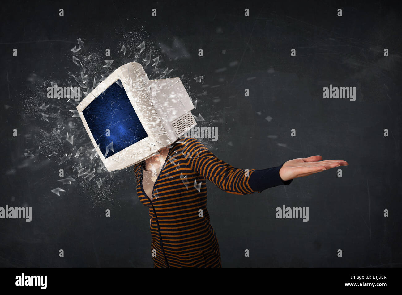 Computer monitor screen exploding on a young persons head Stock Photo ...
