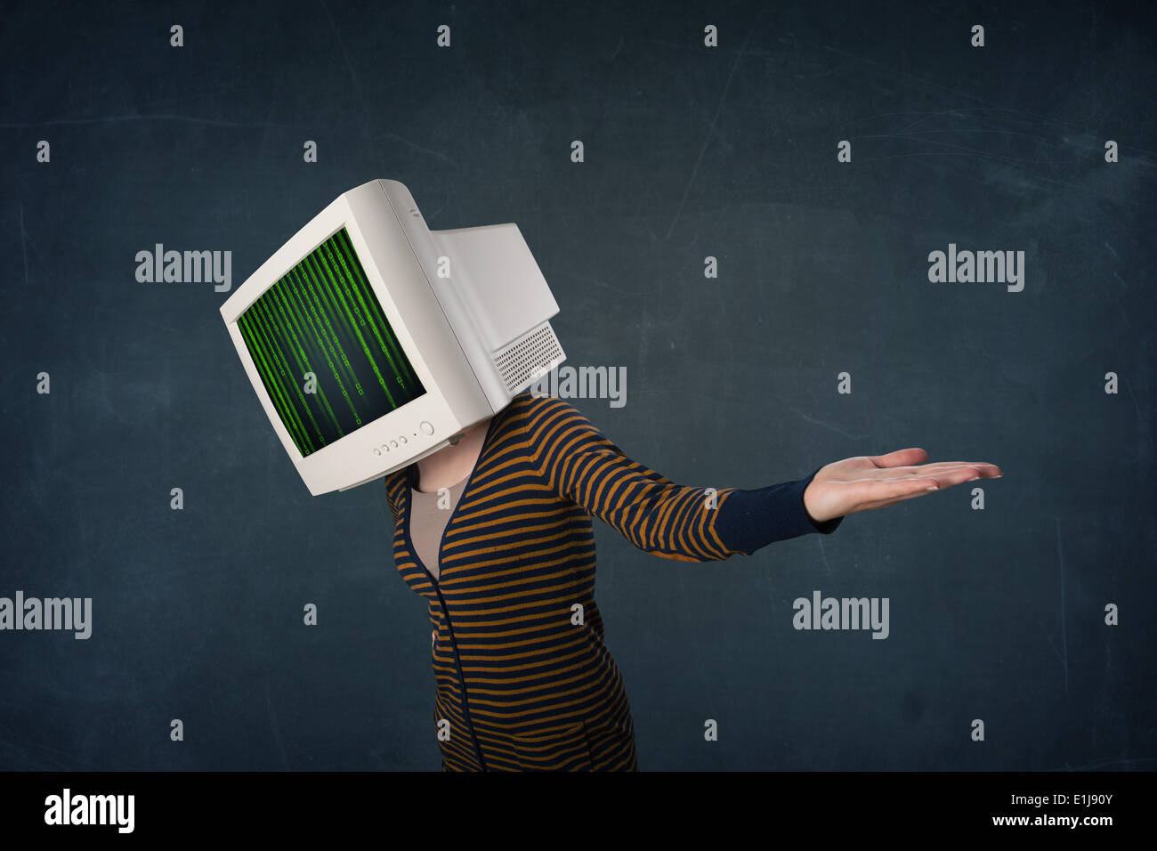 Cyber human with a monitor screen and computer code on the display ...