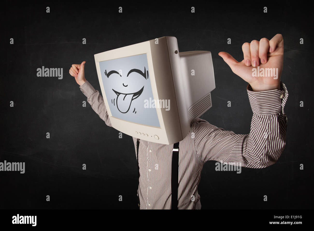 Happy business man with a computer monitor and a smiley face Stock ...
