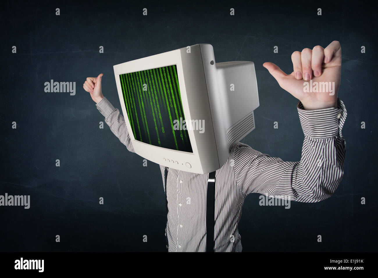 Cyber human with a monitor screen and computer code on the display ...