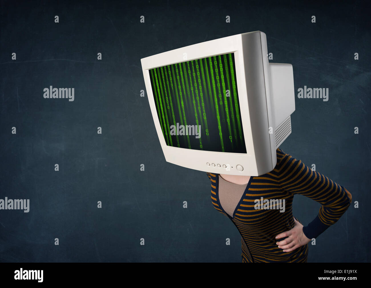 Cyber human with a monitor screen and computer code on the display ...