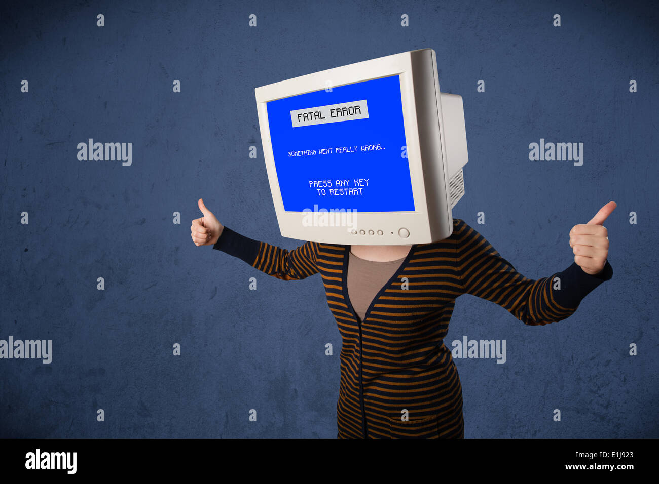 Person with a monitor head and fatal error blue screen on the display ...