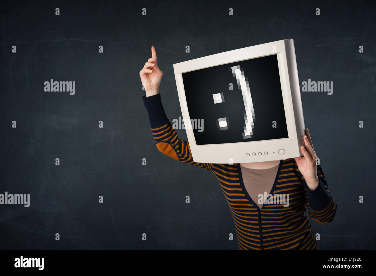 Funny girl with a monitor box on her head and a smiley face Stock Photo ...
