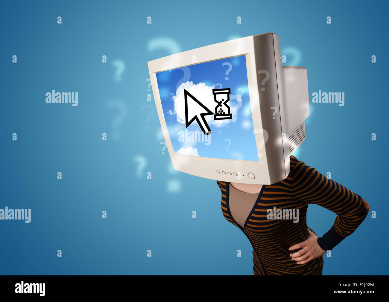 Person with a monitor head and cloud based technology on the screen ...