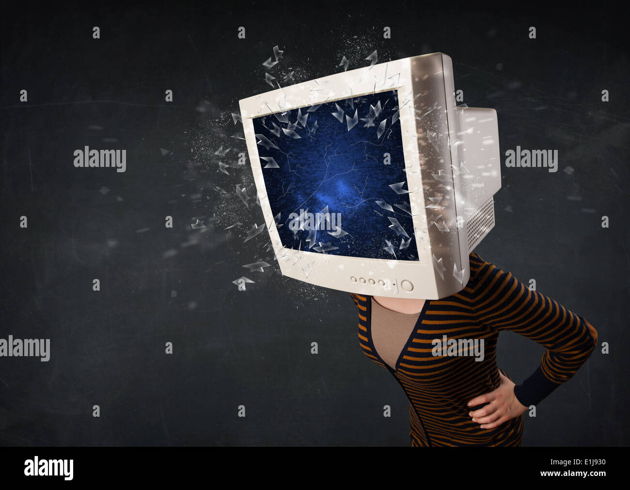 Computer monitor screen exploding on a young persons head Stock Photo ...