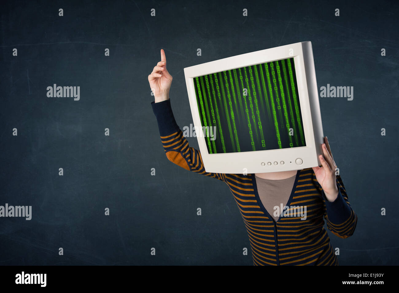 Cyber human with a monitor screen and computer code on the display ...