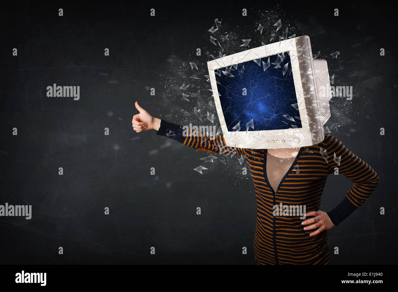 Computer monitor screen exploding on a young persons head Stock Photo ...