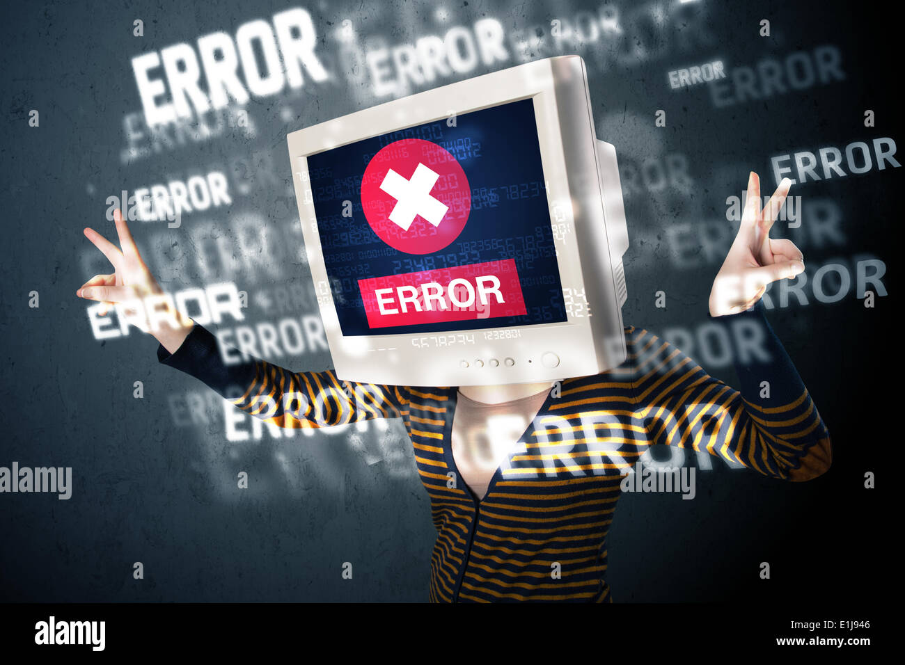 Female monitor head with error signs on the display screen Stock Photo ...