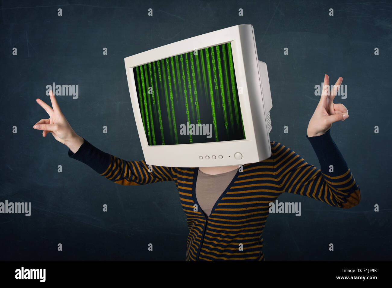 Cyber human with a monitor screen and computer code on the display ...