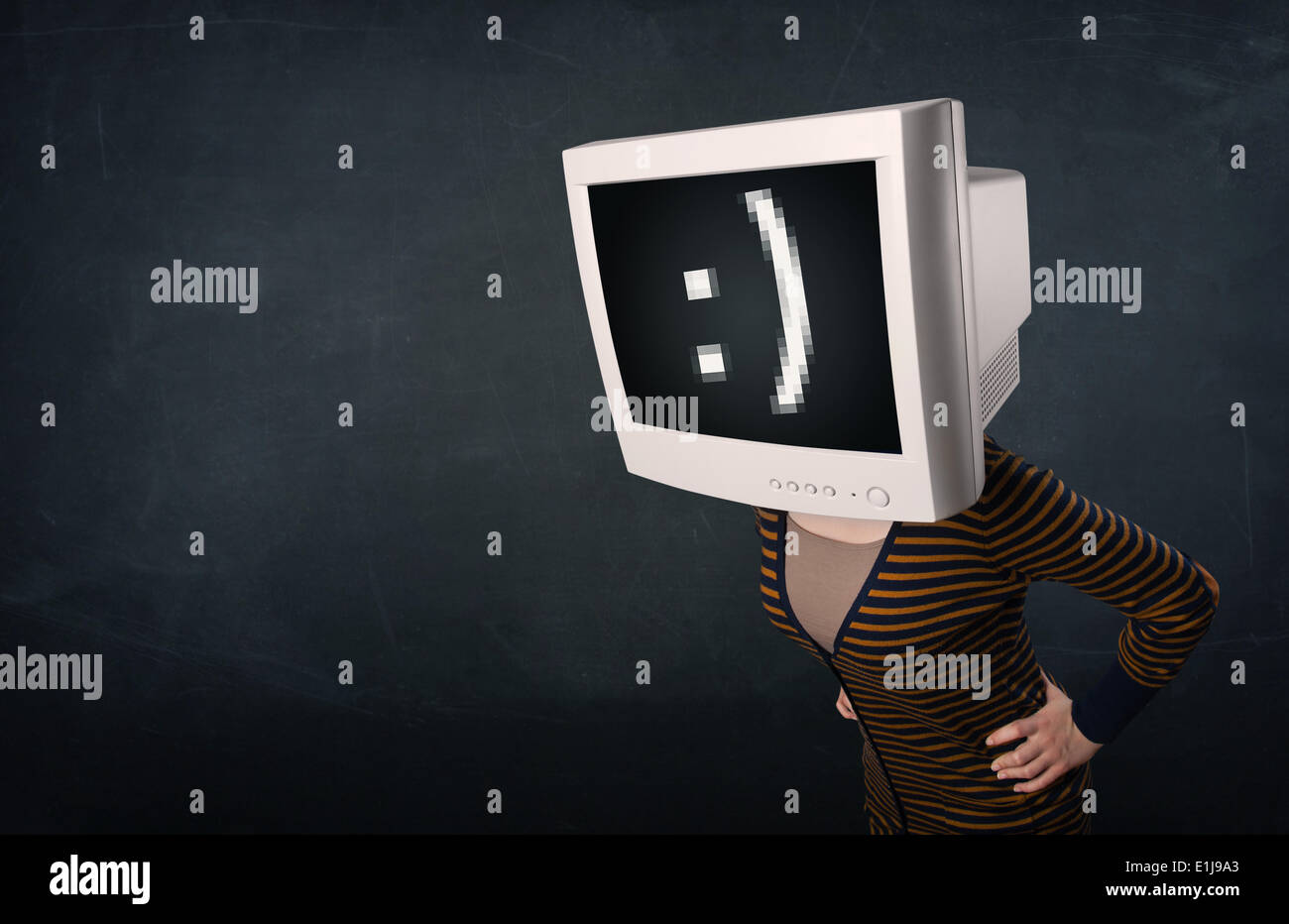 Funny girl with a monitor box on her head and a smiley face Stock Photo ...