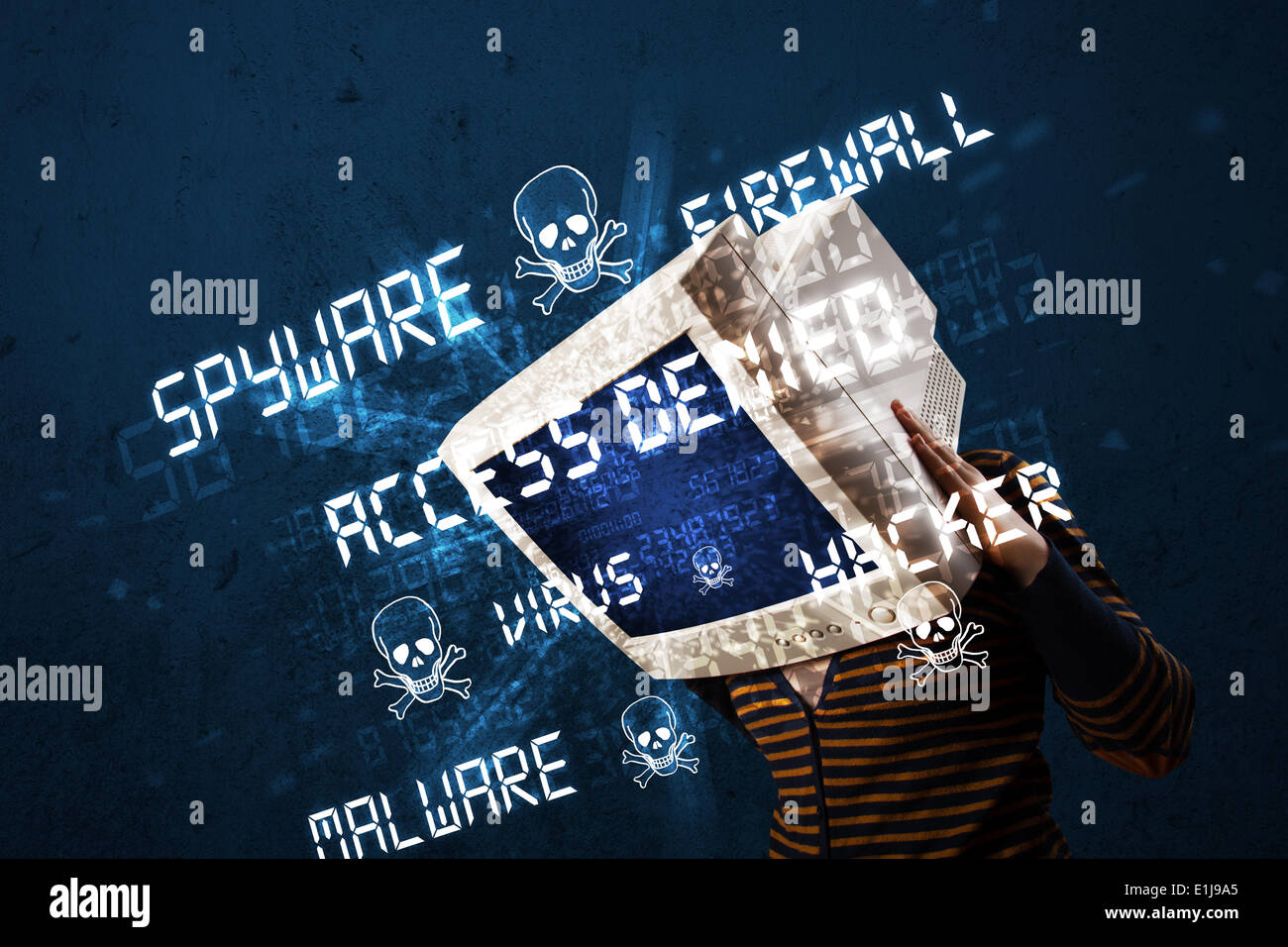 Monitor head person with hacker type of signs on the screen Stock Photo ...