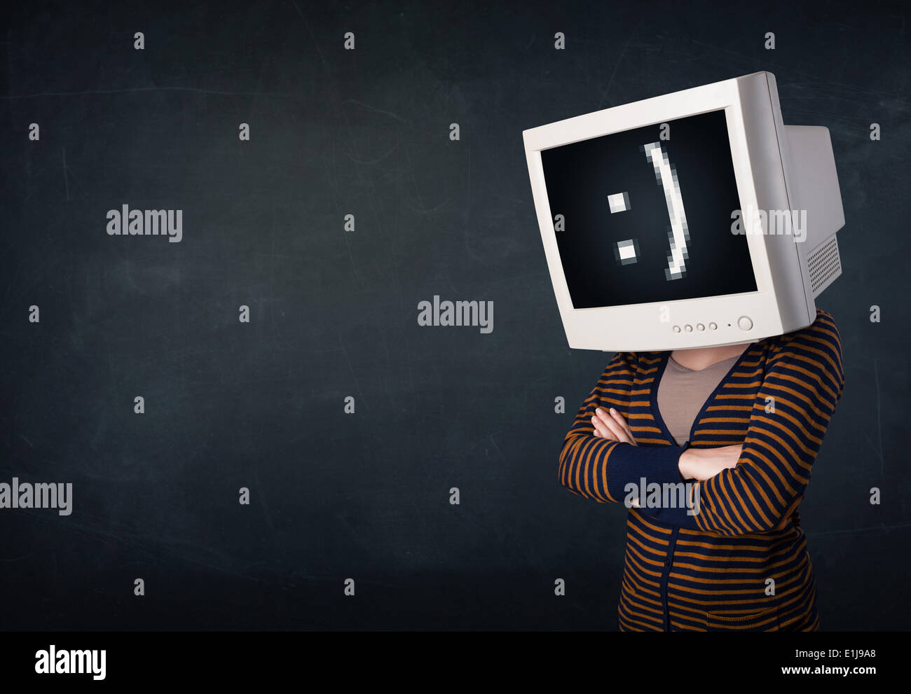 Funny girl with a monitor box on her head and a smiley face Stock Photo ...