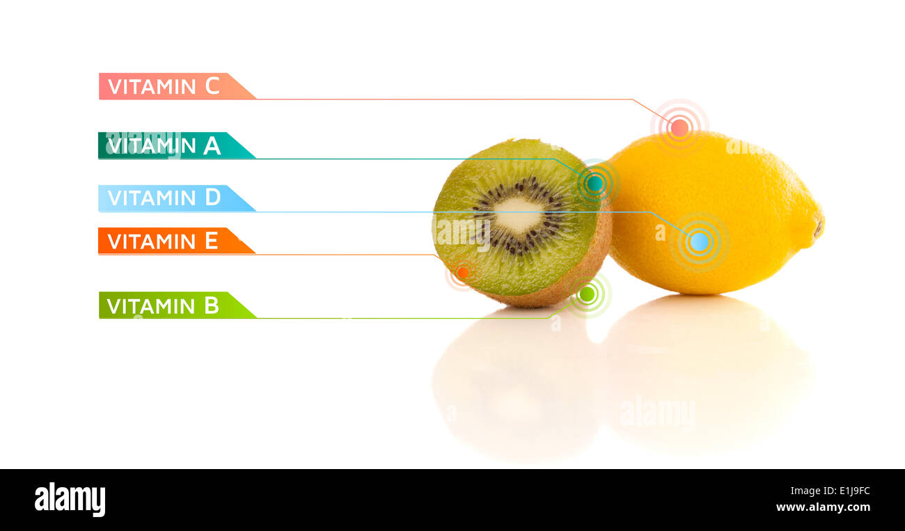 Healthy fruits with colorful vitamin symbols and icons Stock Photo - Alamy