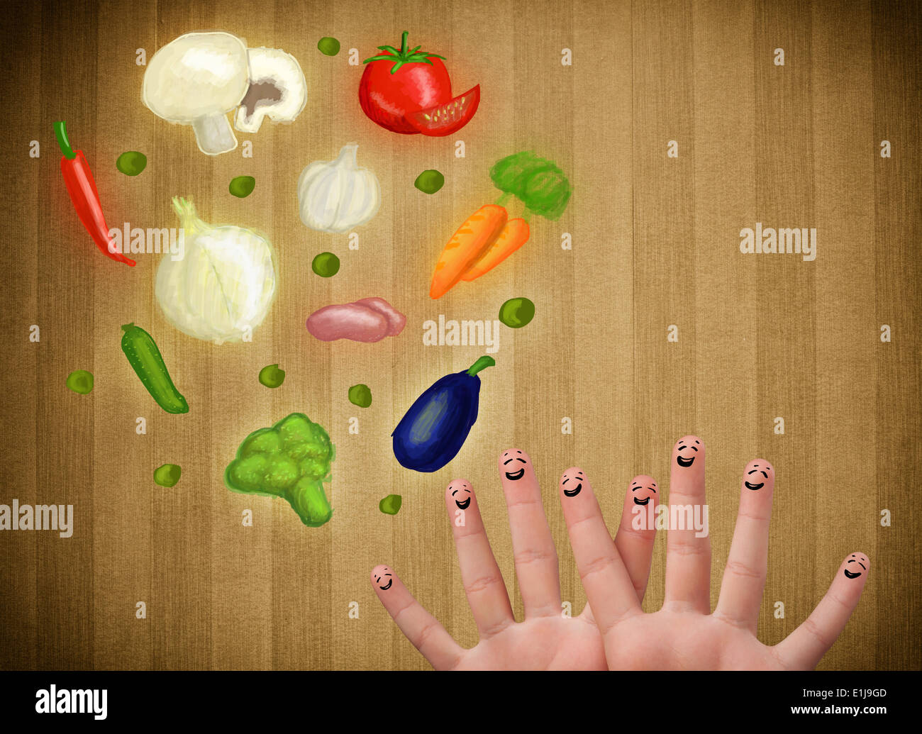 Happy smiley face fingers looking at illustration of colorful healthy ...
