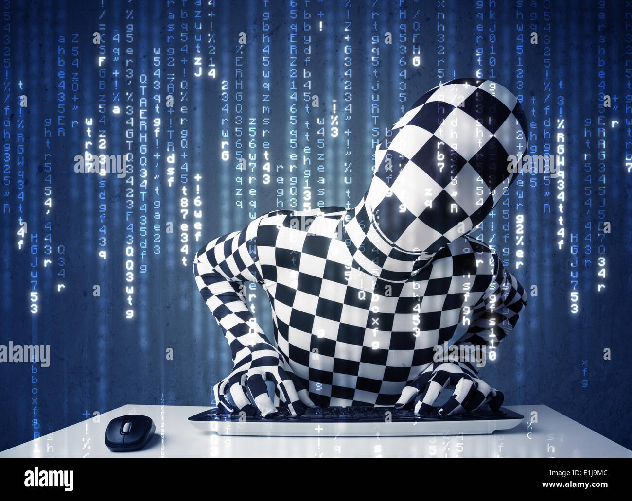 Hacker in body mask decoding information from futuristic network ...