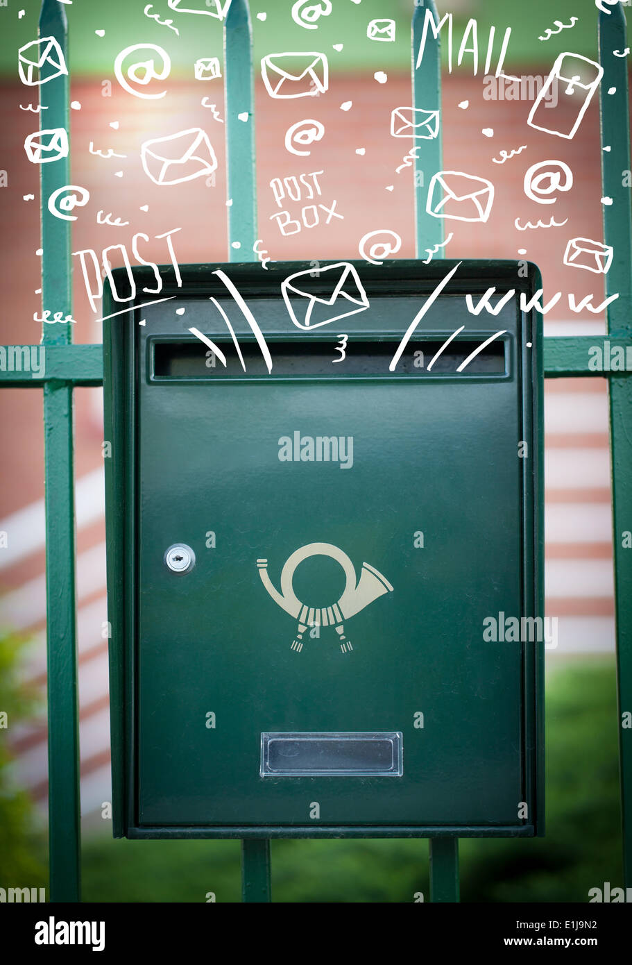 Postbox with white hand drawn mail icons Stock Photo - Alamy