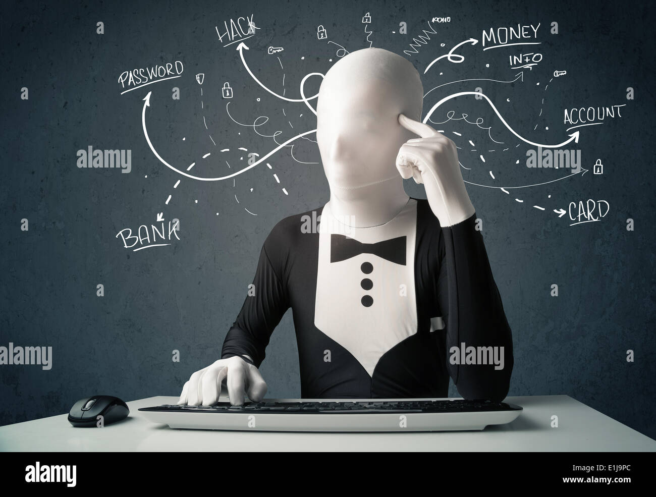 Morphsuit hacker with white drawn line thoughts Stock Photo - Alamy