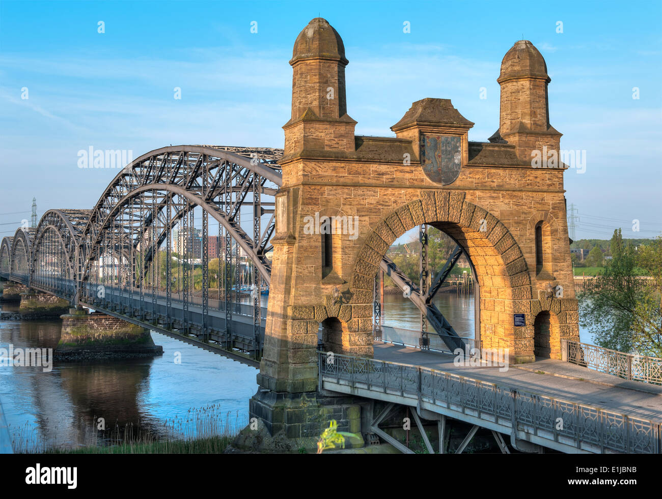 Germany, Hamburg, Harburg, Old Harburg Elbe bridge at sunrise Stock ...