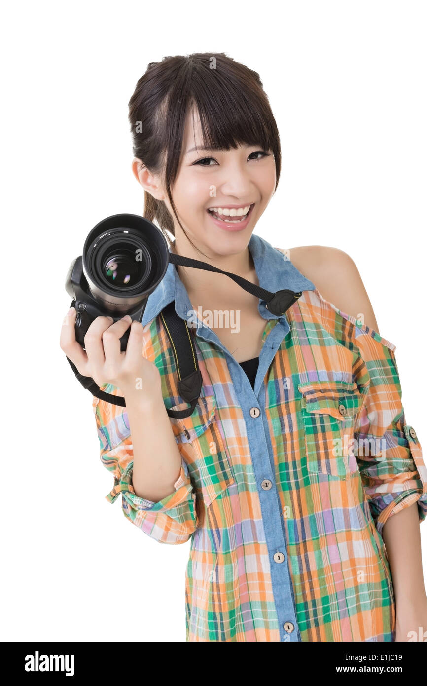 Smiling asian woman with photo camera Stock Photo - Alamy