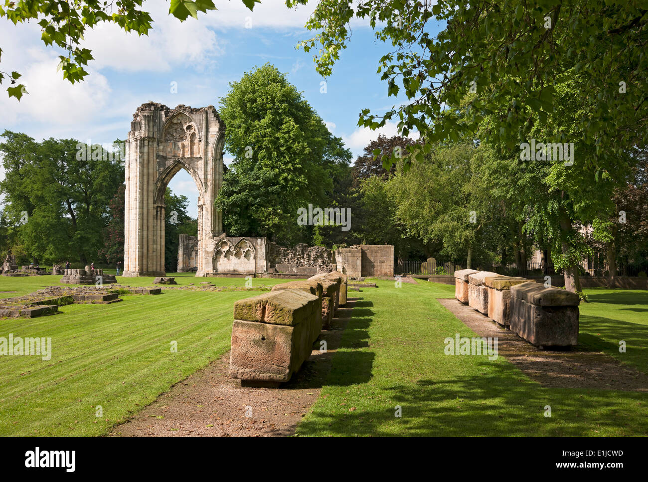 Roman coffins and ruins of St Mary's Abbey in spring Museum Gardens ...