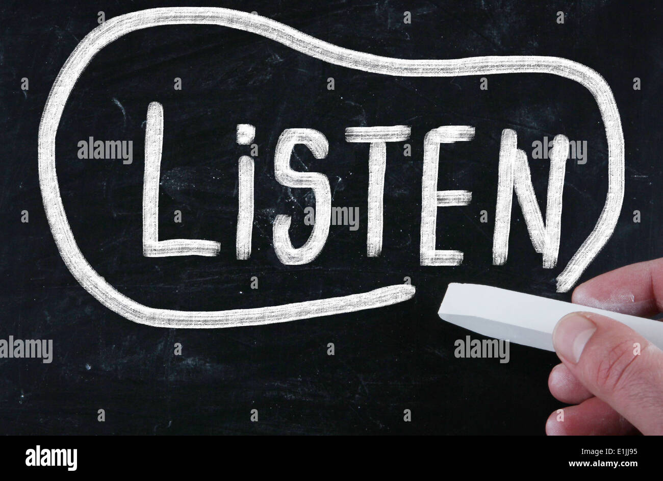 listen handwritten with chalk on a blackboard Stock Photo - Alamy
