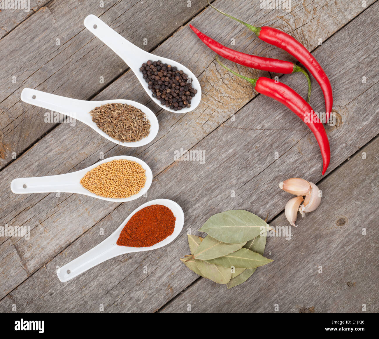 Herbs and spices on wood table background with copyspace Stock Photo ...