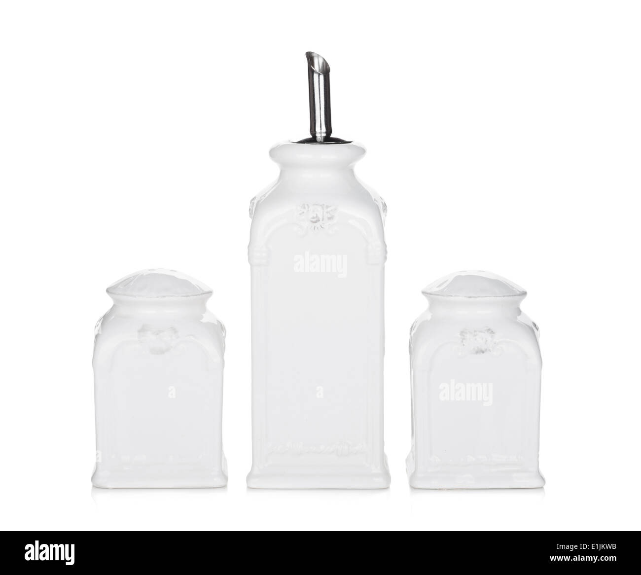 Set of salt, pepper and oil utensil. Isolated on white background Stock ...