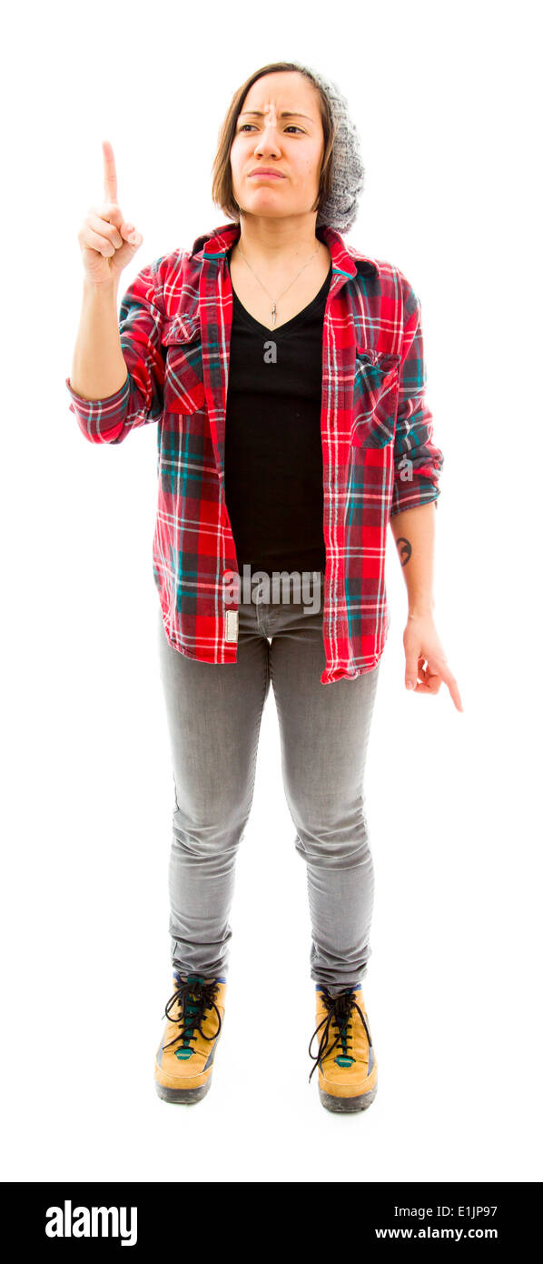 Young woman pointing her finger and thinking Stock Photo - Alamy