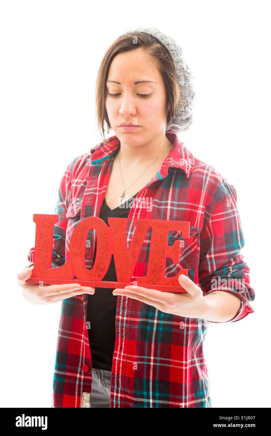 Young woman showing love text Stock Photo - Alamy