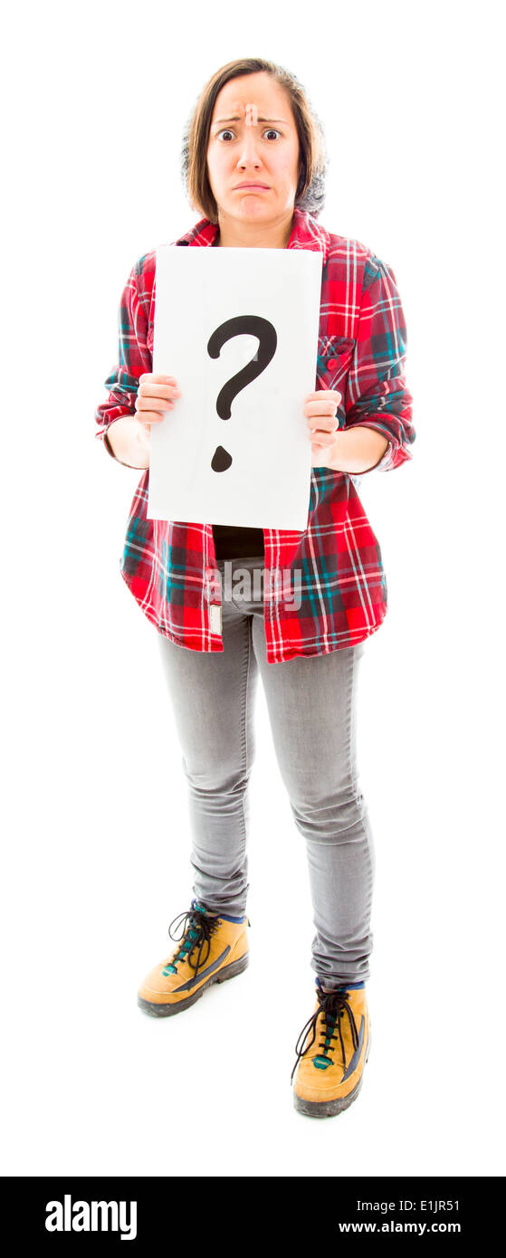 Worried young woman showing question mark sign Stock Photo - Alamy