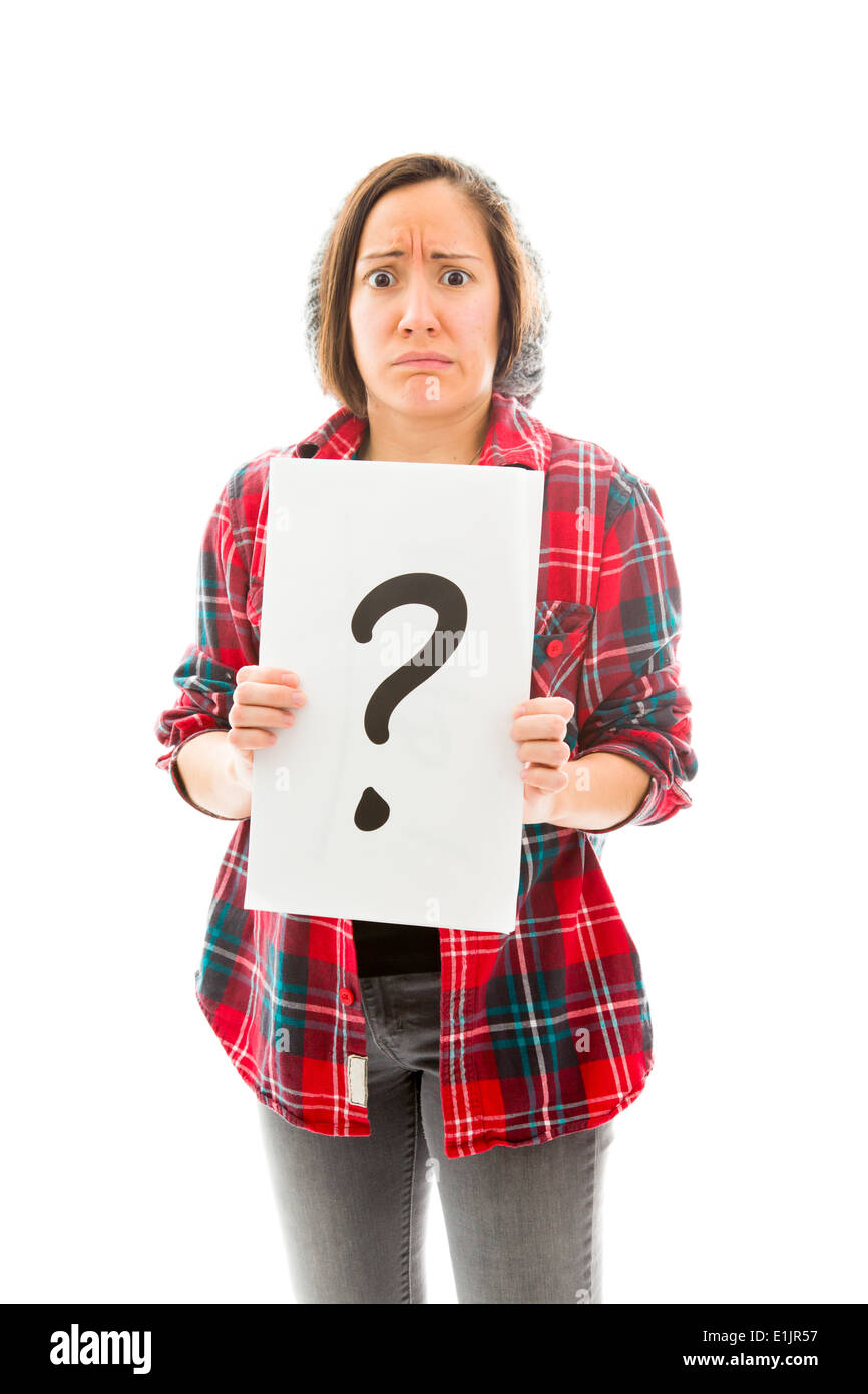 Worried young woman showing question mark sign Stock Photo - Alamy