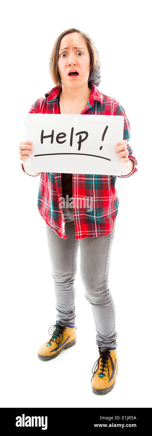 Young woman showing help sign Stock Photo - Alamy