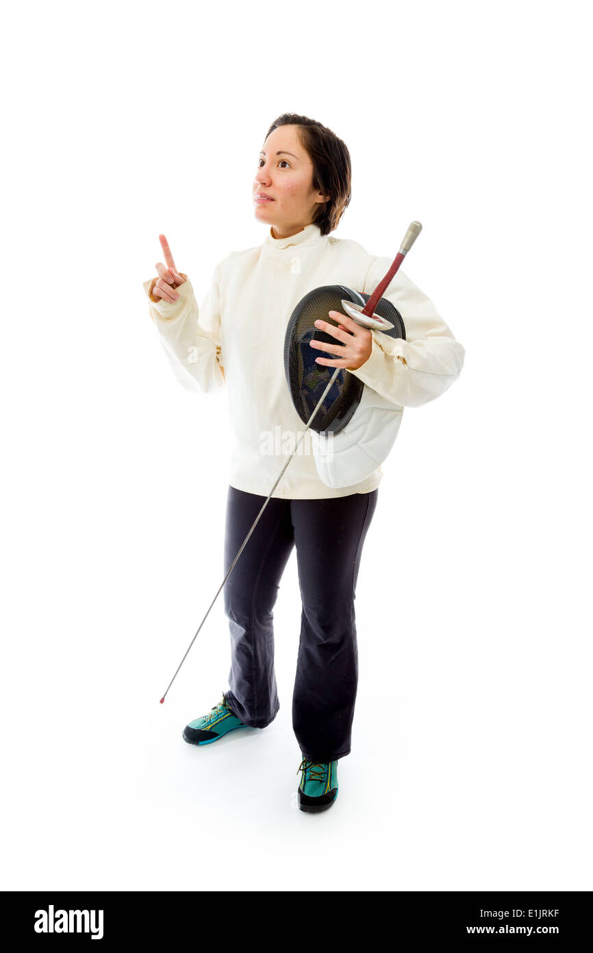 Female fencer holding a mask and sword with pointing up Stock Photo - Alamy