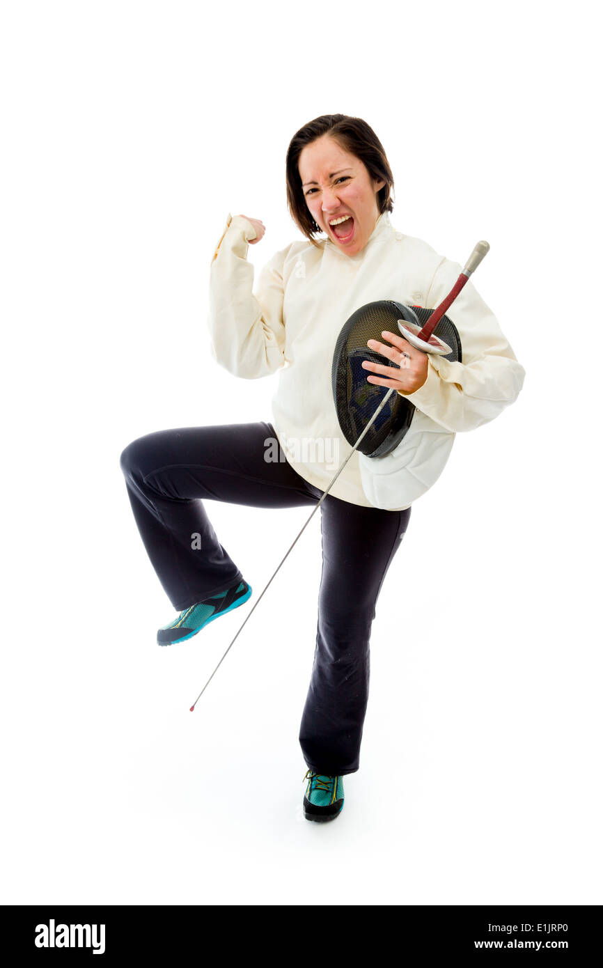 Female fencer celebrating success Stock Photo - Alamy