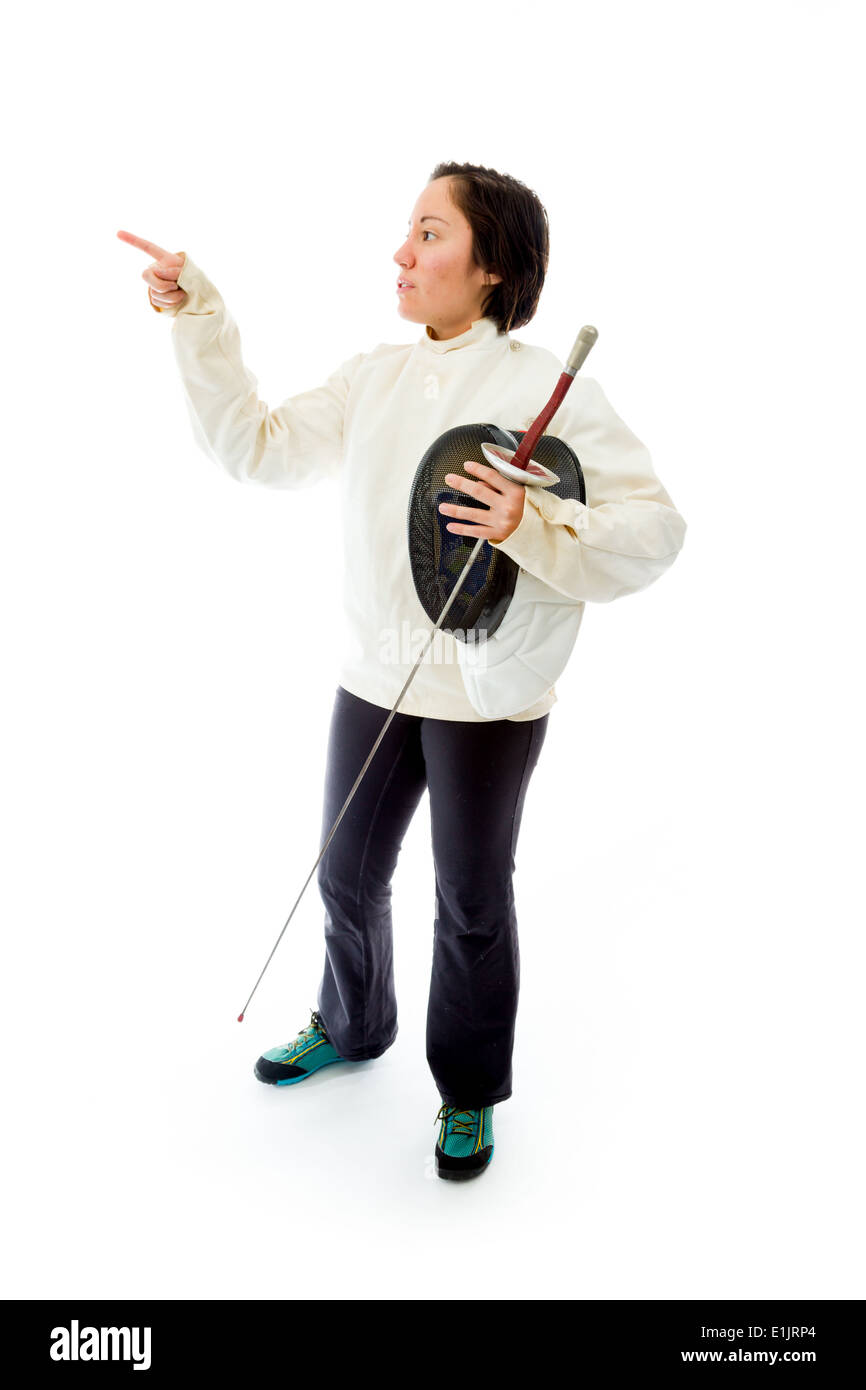 Female fencer pointing with holding a mask and sword Stock Photo - Alamy