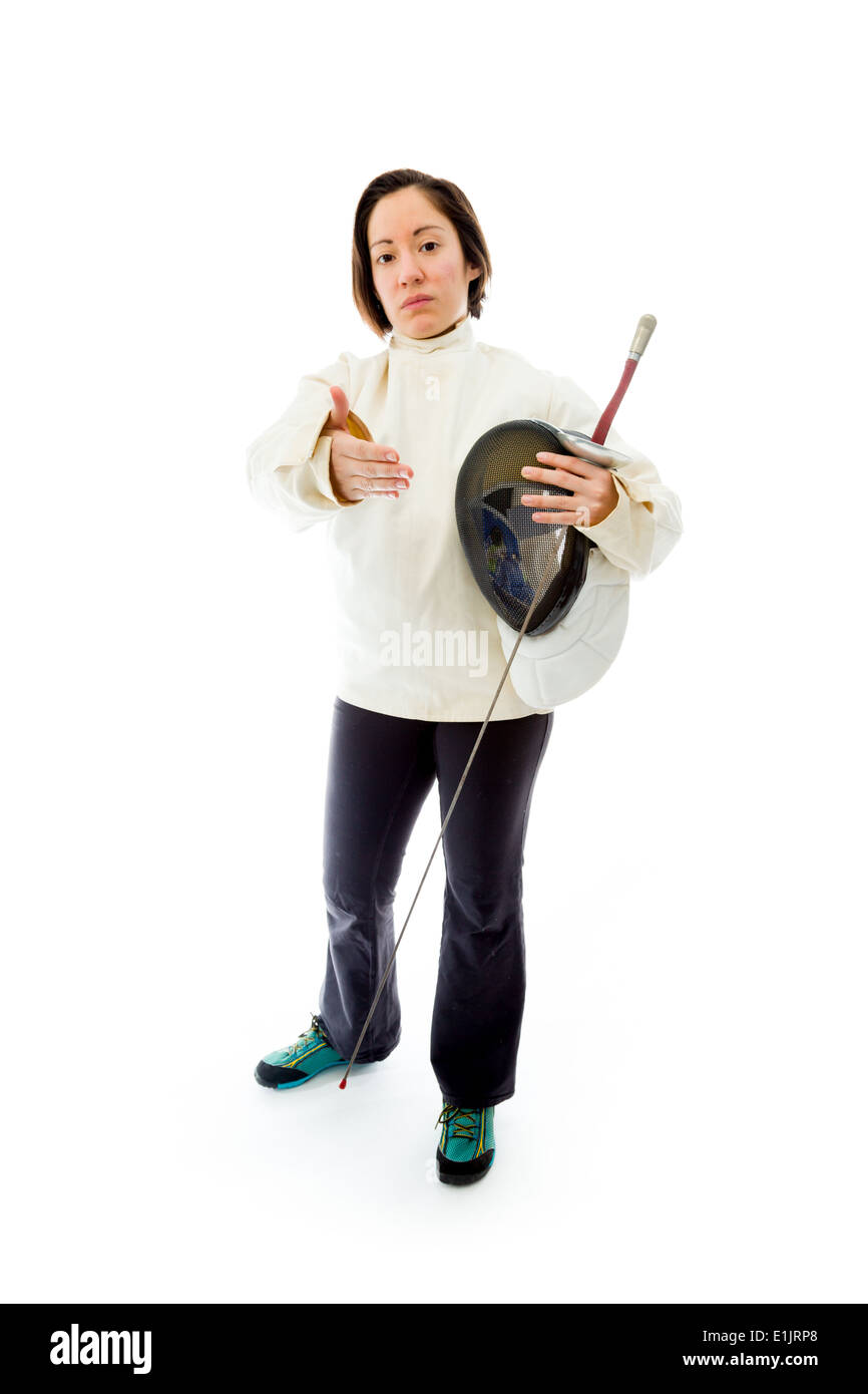 Female fencer offering hand for handshake Stock Photo - Alamy