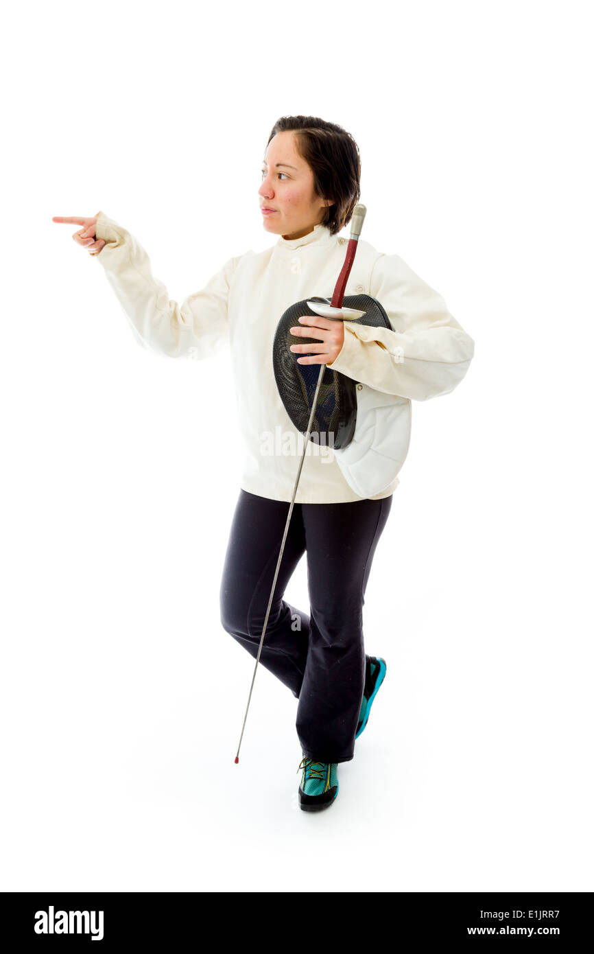 Female fencer holding a mask and sword with pointing up Stock Photo - Alamy
