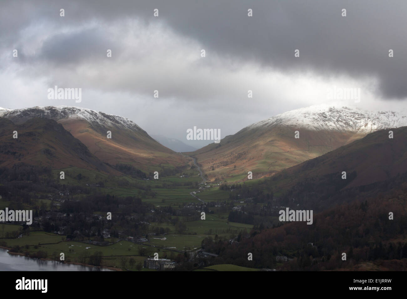 Storm clouds and snow topped summits Pass of Dunmail Raise Grasmere ...