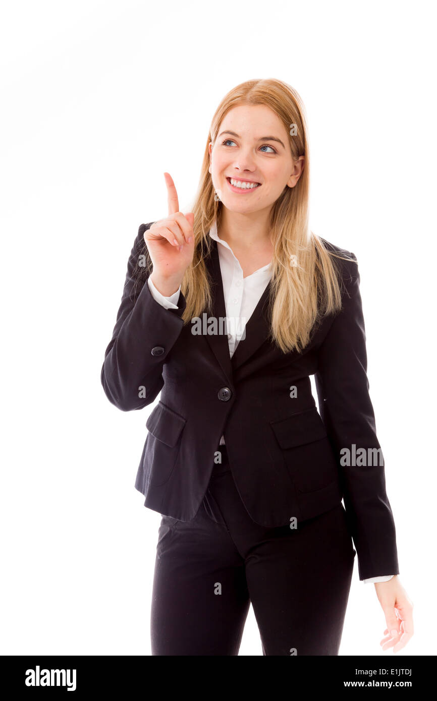 Woman pointing upward smiling hi-res stock photography and images - Alamy