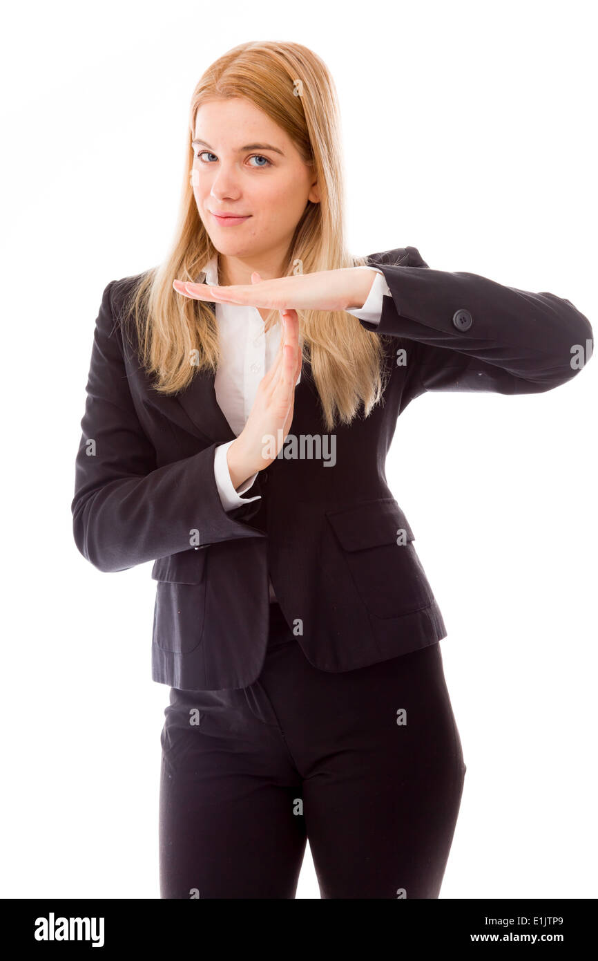 Businesswoman showing time out sign with hands Stock Photo - Alamy