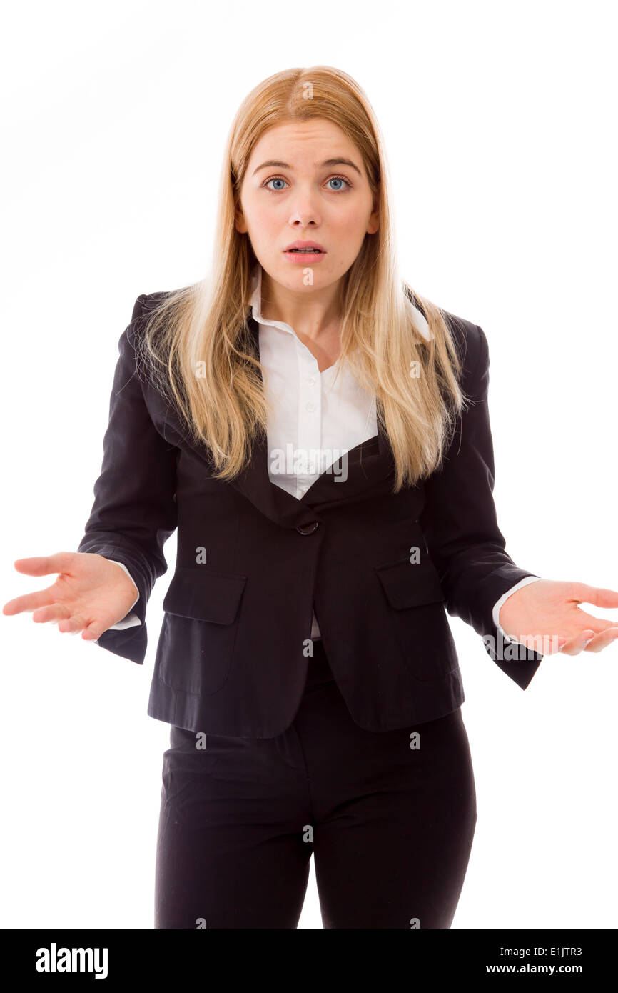 Shocked businesswoman shrugging with raised hands Stock Photo - Alamy