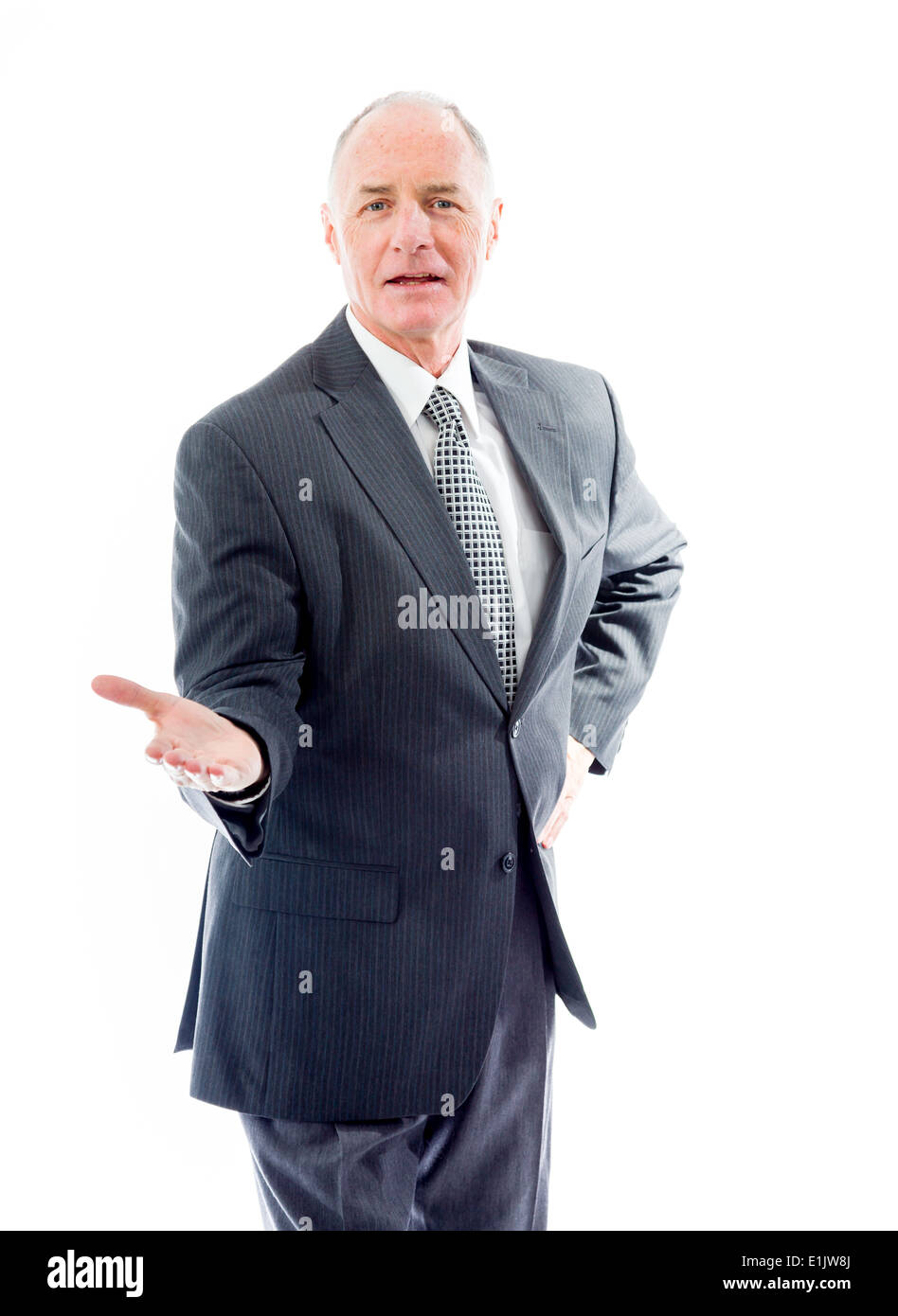 Businessman showing product with open hand palm Stock Photo - Alamy