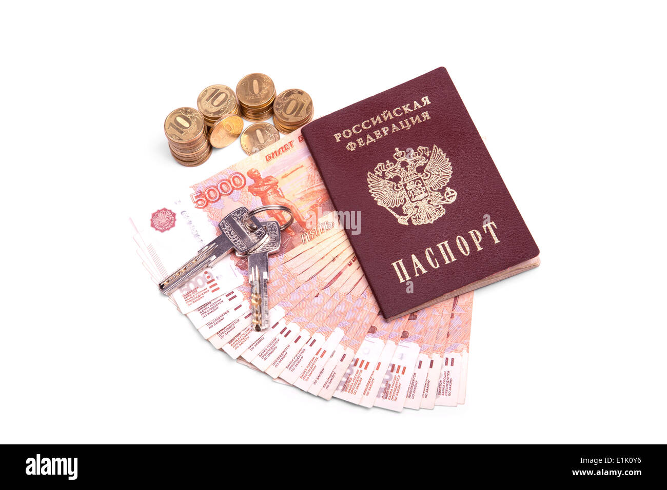 Key, passport, money on white background Stock Photo - Alamy