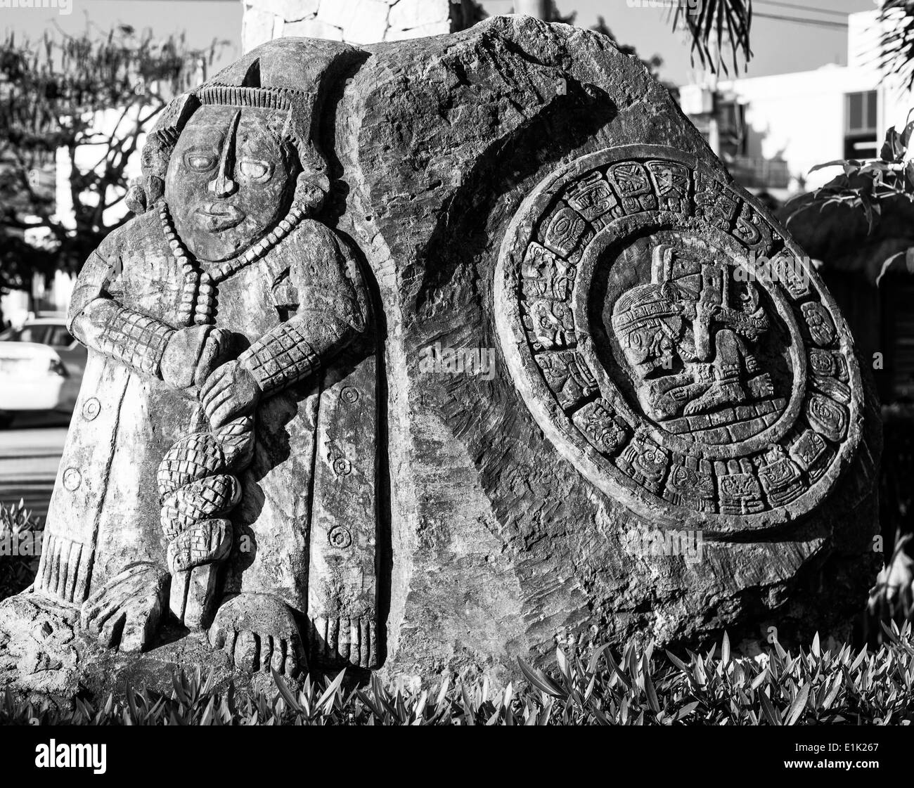 Mayan Style Sculpture at Tulum City Hall. Cast concrete sculptures with ...