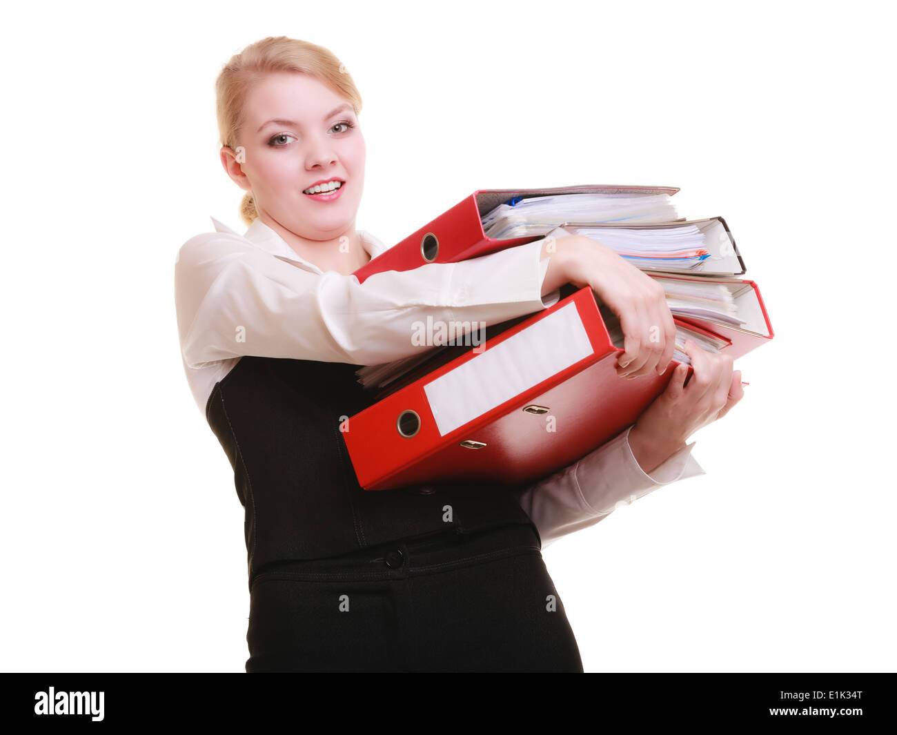 Young overworked business woman holding stack folders documents Stock ... Young overworked business woman holding stack folders documents Stock ...